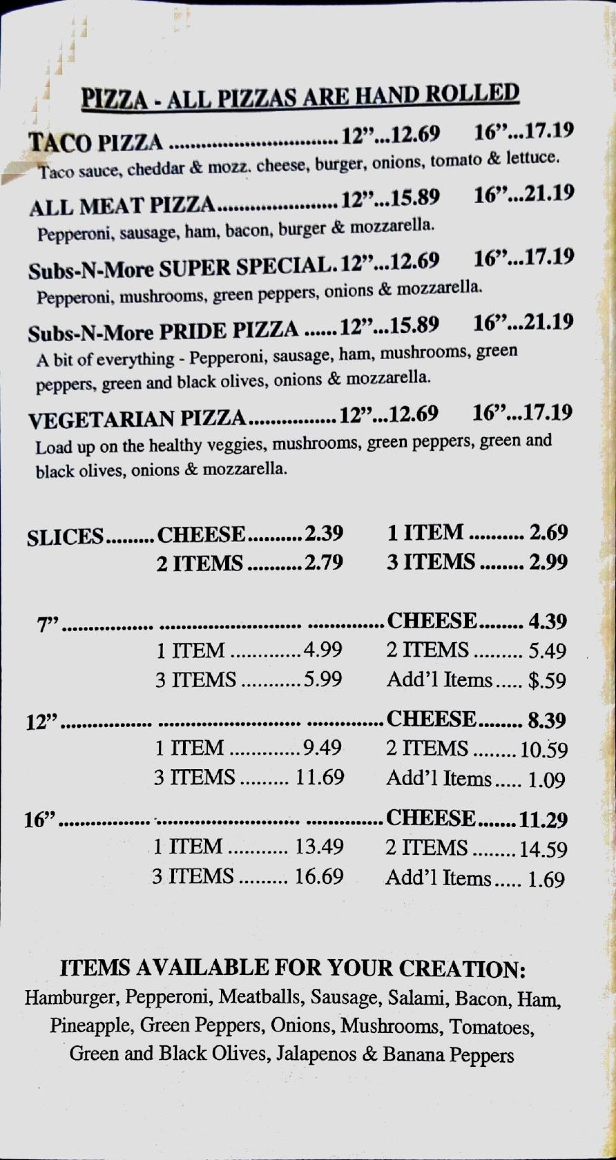 Menu at Subs N More pizzeria, South Haven, 529 Phoenix St