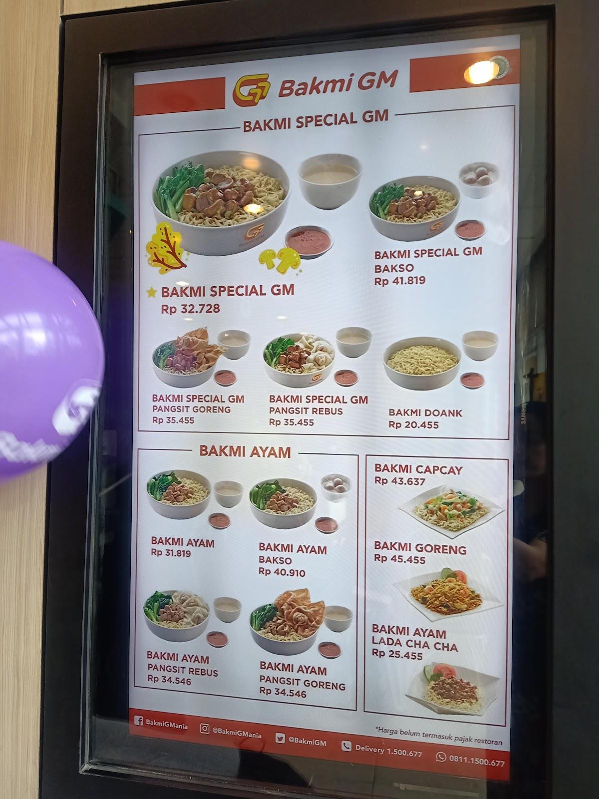 Menu at Bakmi GM Gramedia Matraman restaurant, East Jakarta
