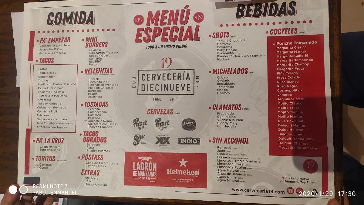 Menu at Cerveceria 19, Ciudad Juarez