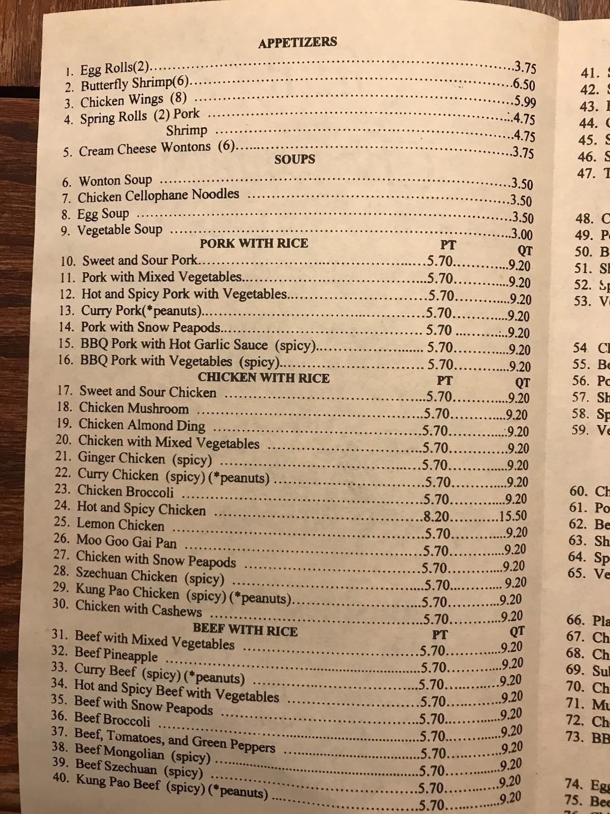 Menu at Chung's Chow Mein restaurant, Saint Paul