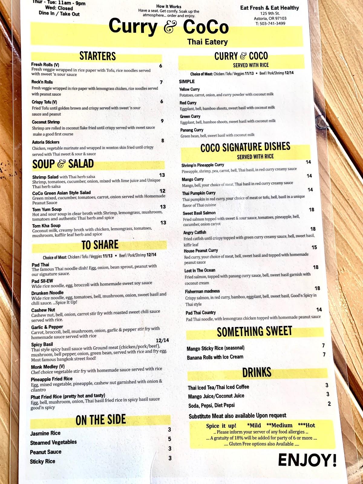 Menu at Curry&CoCo Thai Eatery restaurant, Astoria