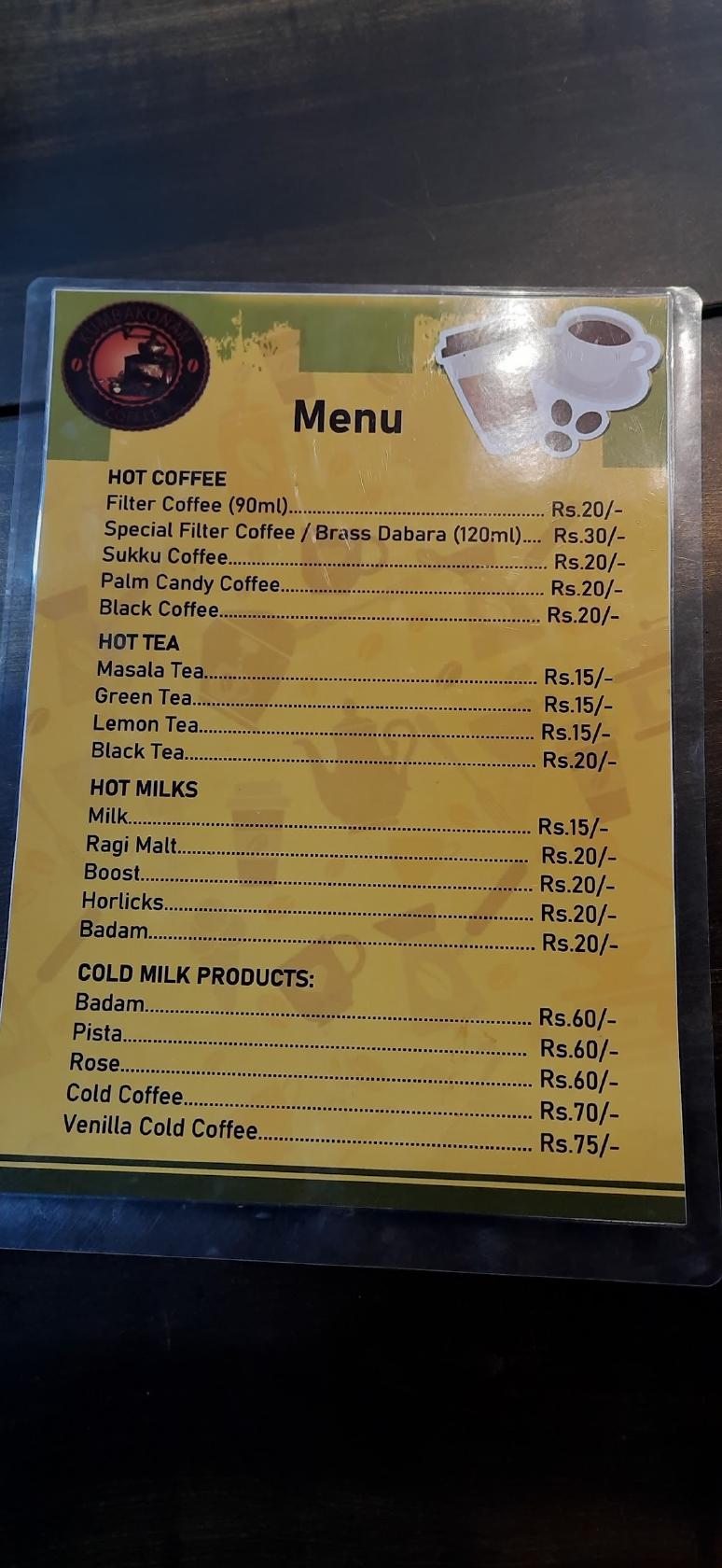 Menu at KUMBAKONAM DEGREE COFFEE, Rajahmundry, NH 216A