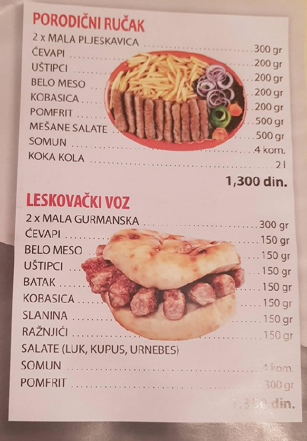 Menu at Kod Pobratima restaurant, Belgrade, Bulevar Peka Dapčevića 253a