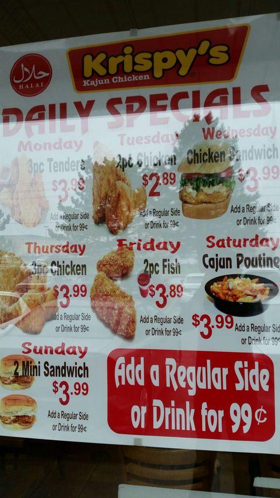 Menu au Krispy's Kajun Chicken fast food, Markham, Hwy 7