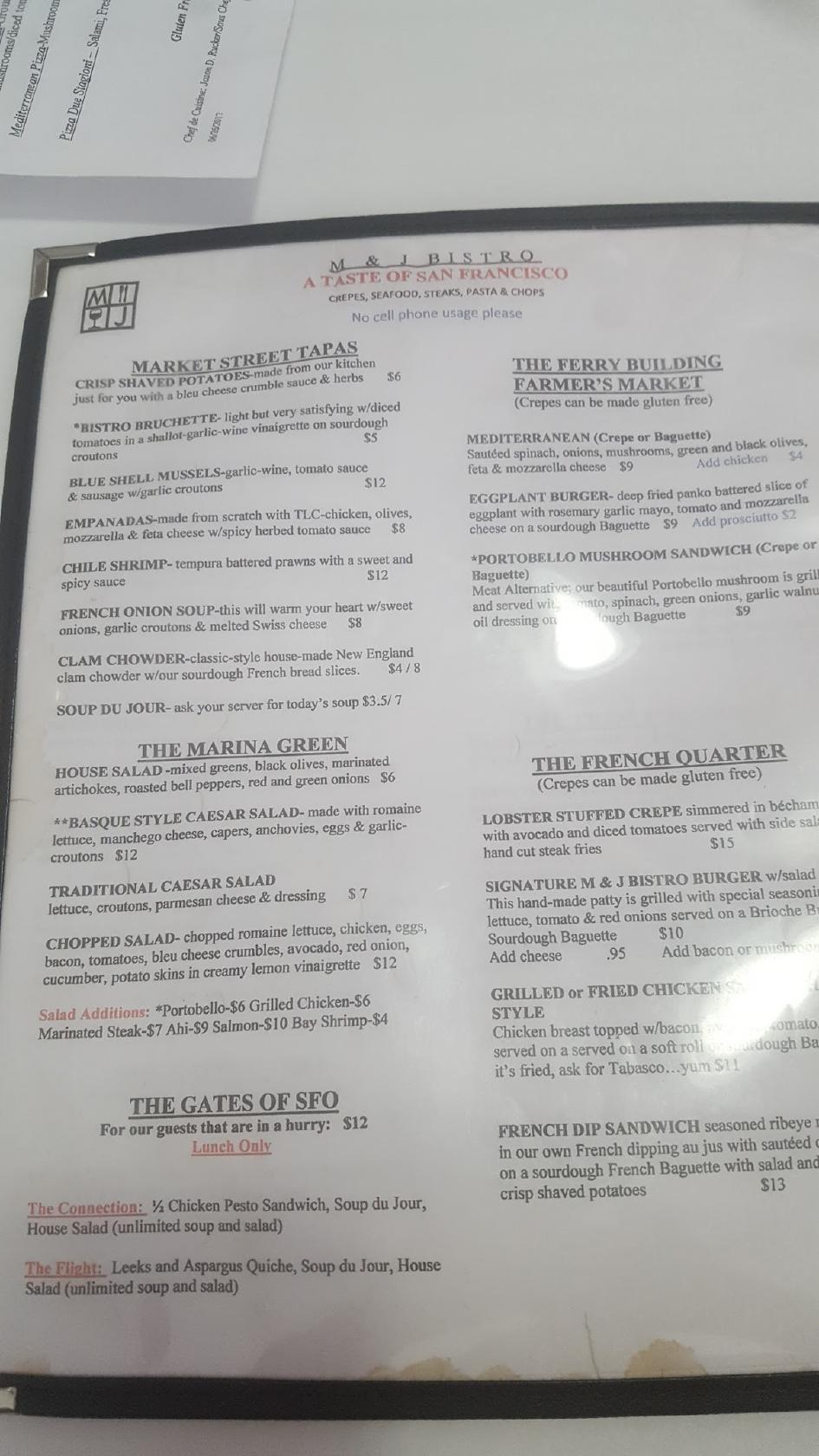 Menu at M & J Bistro steakhouse, Tracy, N Tracy Blvd