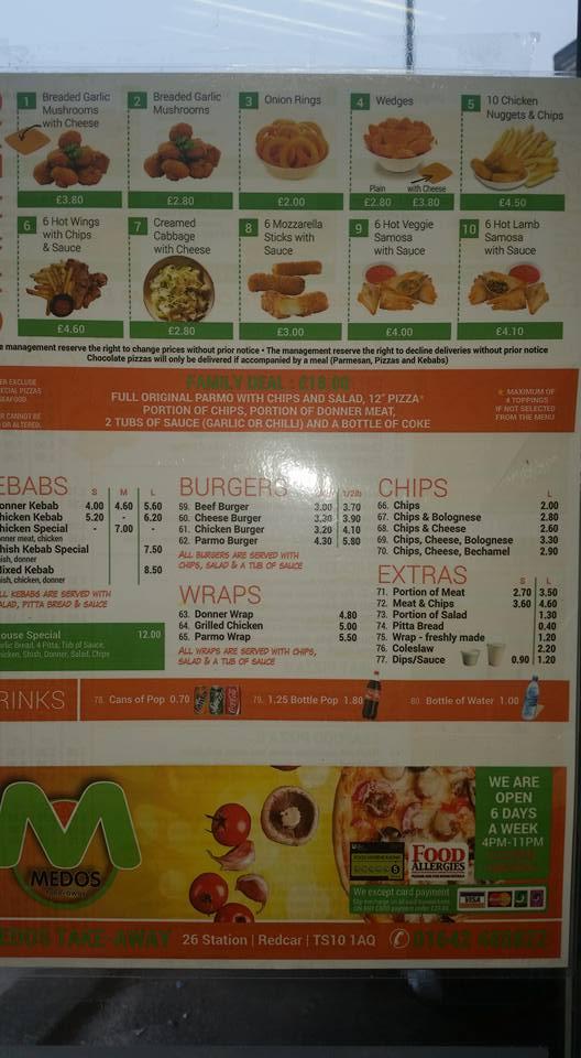 Menu at Medo's restaurant, Redcar