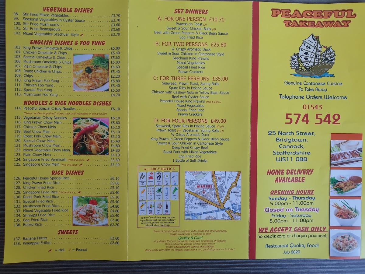 Menu at Peaceful Take Away restaurant, Cannock