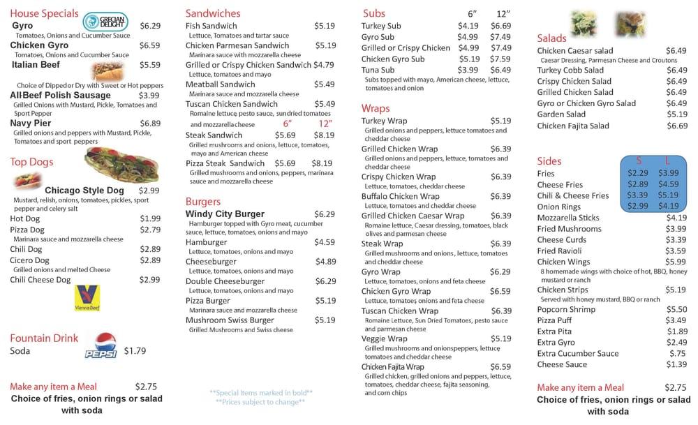 Menu at Taste of the Windy City pizzeria, Little Chute