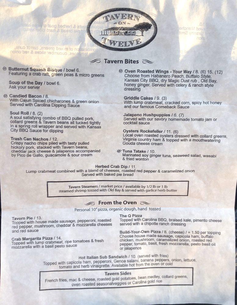Menu at Tavern on 12 restaurant, Frisco