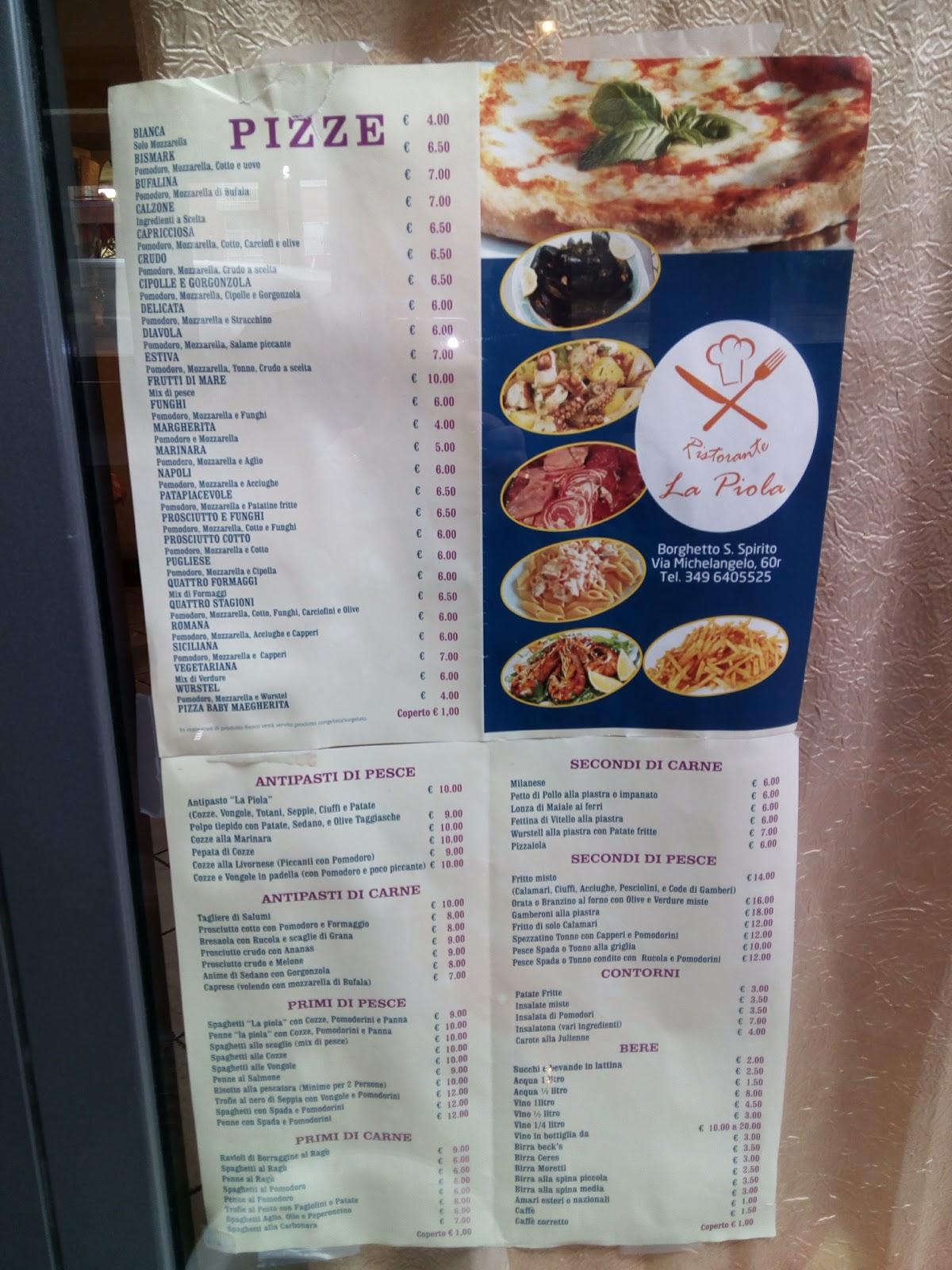 Menu at Trattoria La Piola restaurant, Borghetto Santo Spirito