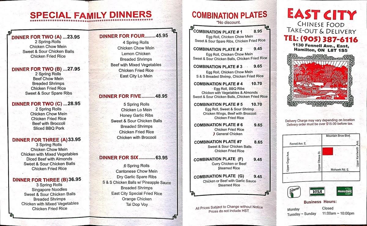 Carta del restaurante East City Chinese Food Take Out, Hamilton