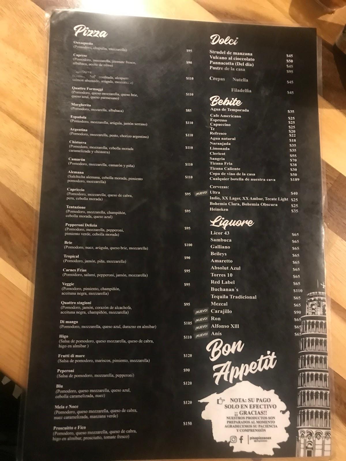 Menu at Pisa Pizza pizzeria, Oaxaca, Miguel Hidalgo 111B