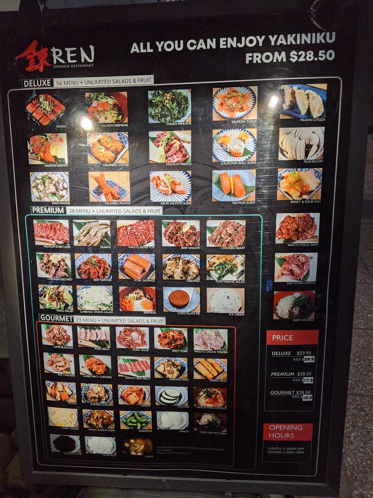 Menu at REN Yakiniku restaurant, Sunnybank