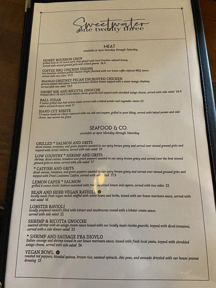 Menu at Sweetwater One Twenty Three restaurant, Summerville