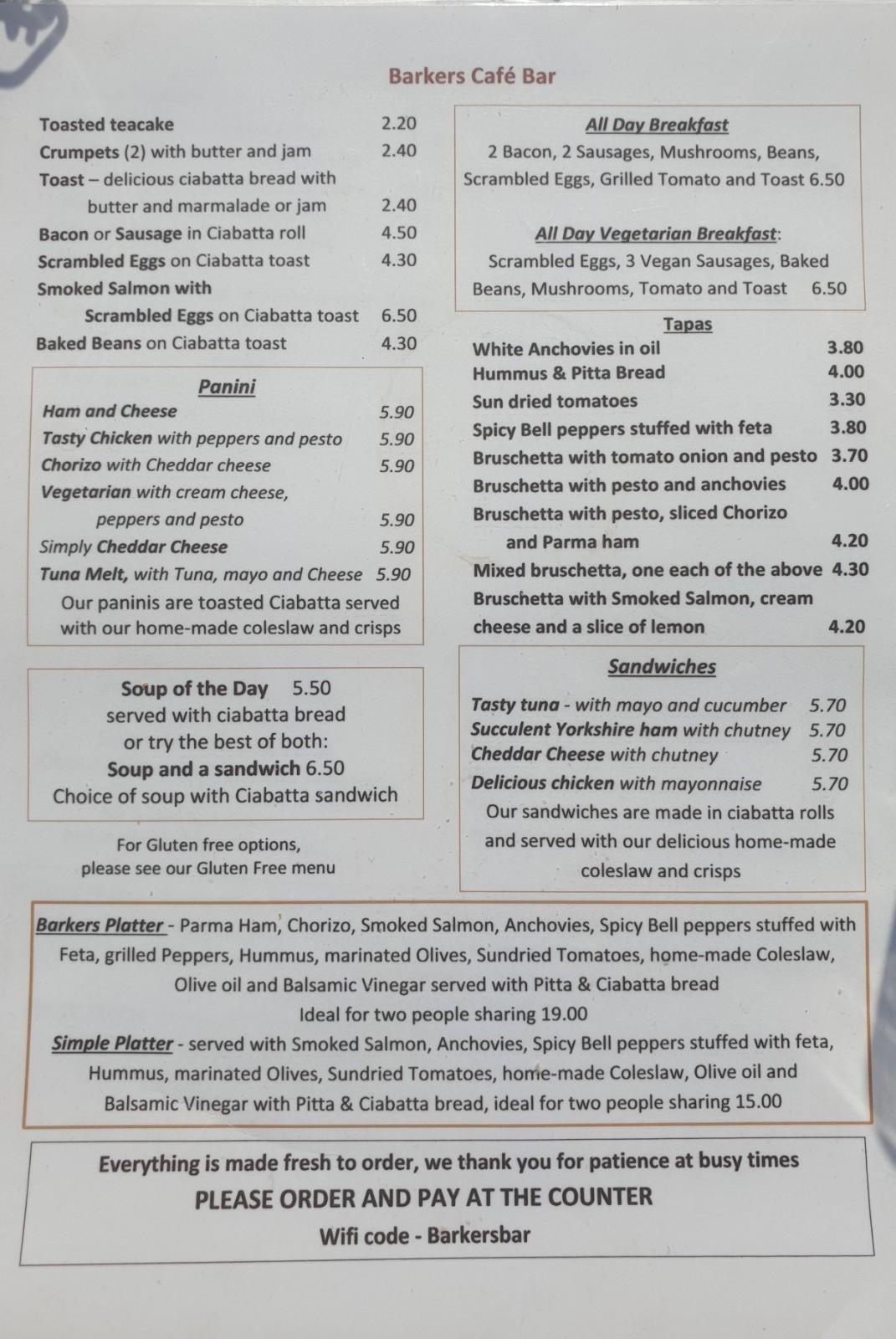 Menu at Barkers Cafe Bar, Helmsley