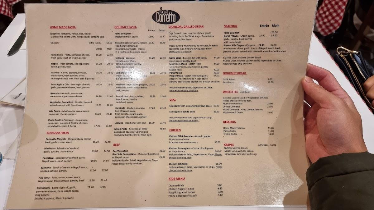 Menu at Cafe Corretto, Carlton