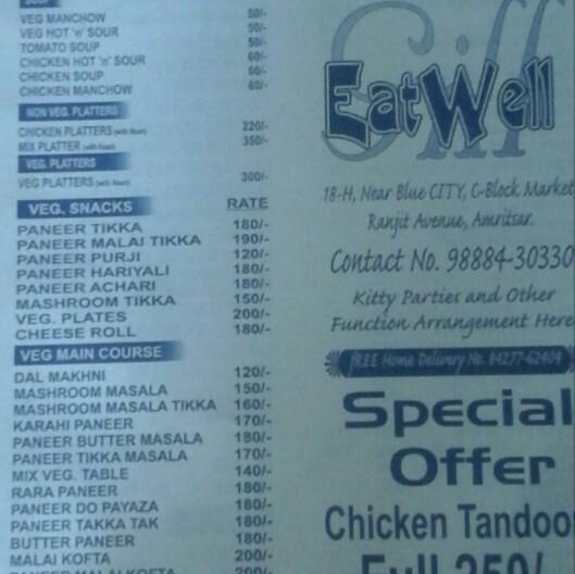 Menu at Eat Well Restaurant, Amritsar, 18H