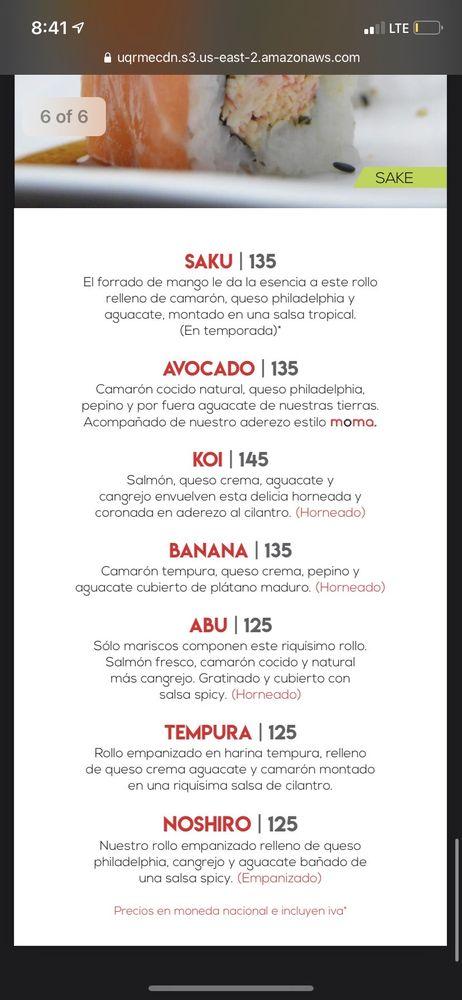 Carta del restaurante Moma sushi + pizza, Tijuana, Blvr. Lázaro Cárdenas