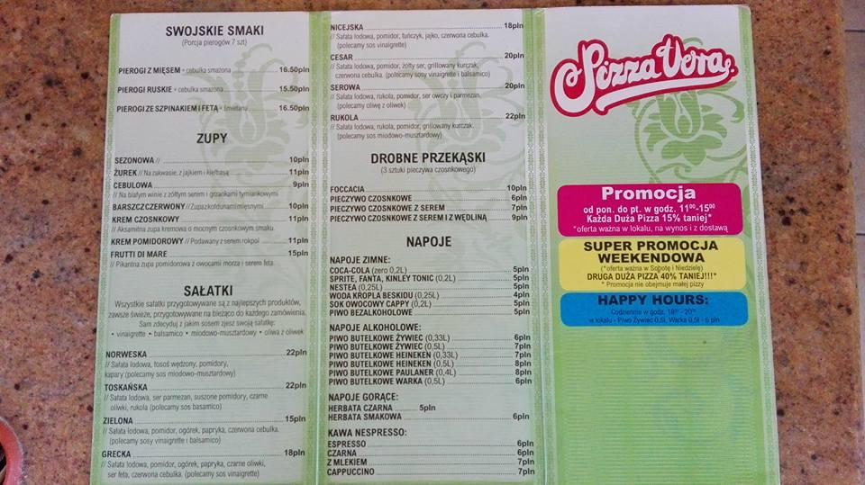 Menu at Pizza Vera restaurant, Warsaw