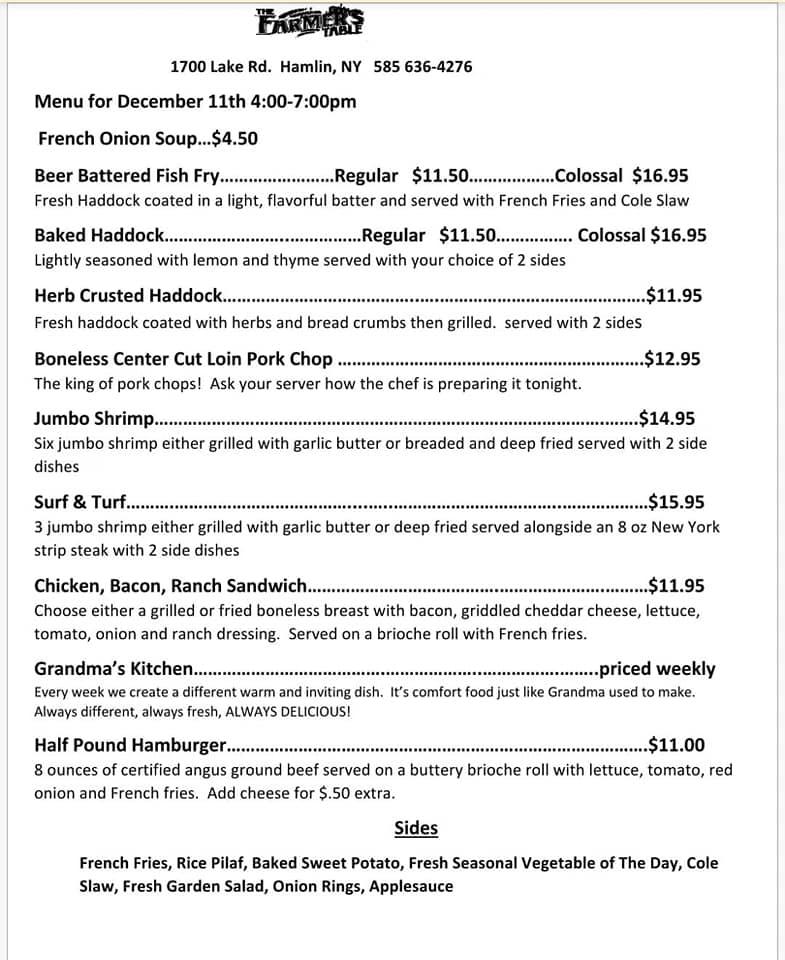 Menu at The Farmer's Table restaurant, Hamlin