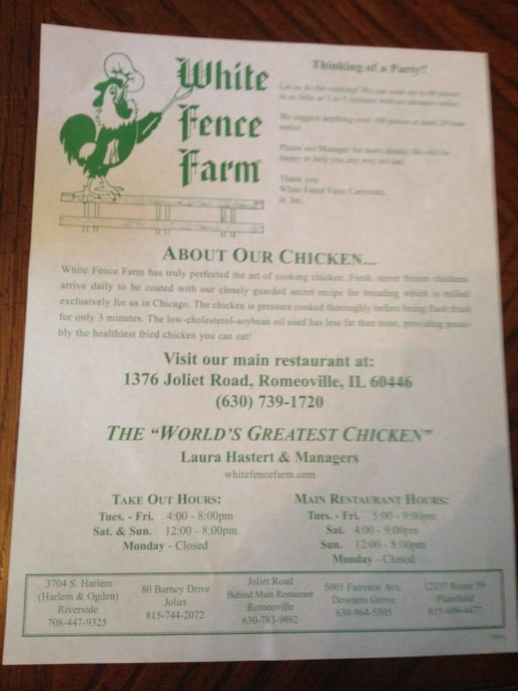 Menu at White Fence Farm restaurant, Joliet, 80 Barney Dr