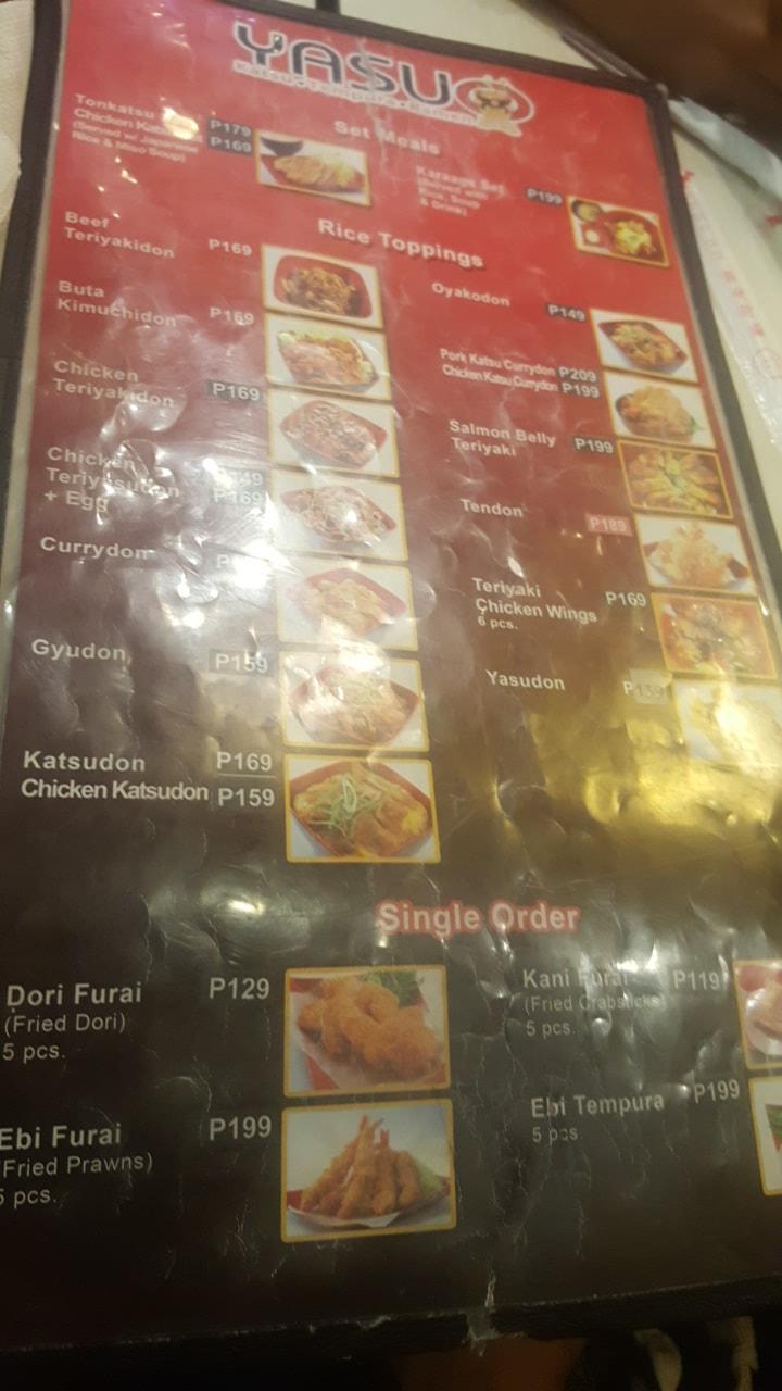 Menu at YASU Katsu Tempura Ramen restaurant, Manila