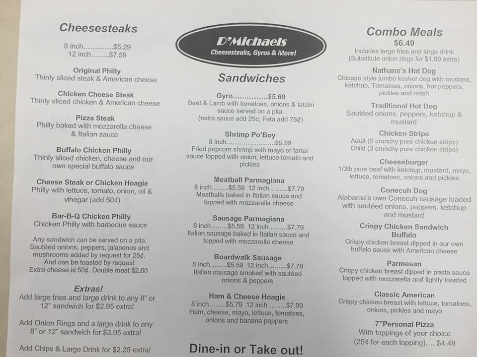 Menu at D'Michaels restaurant, Theodore