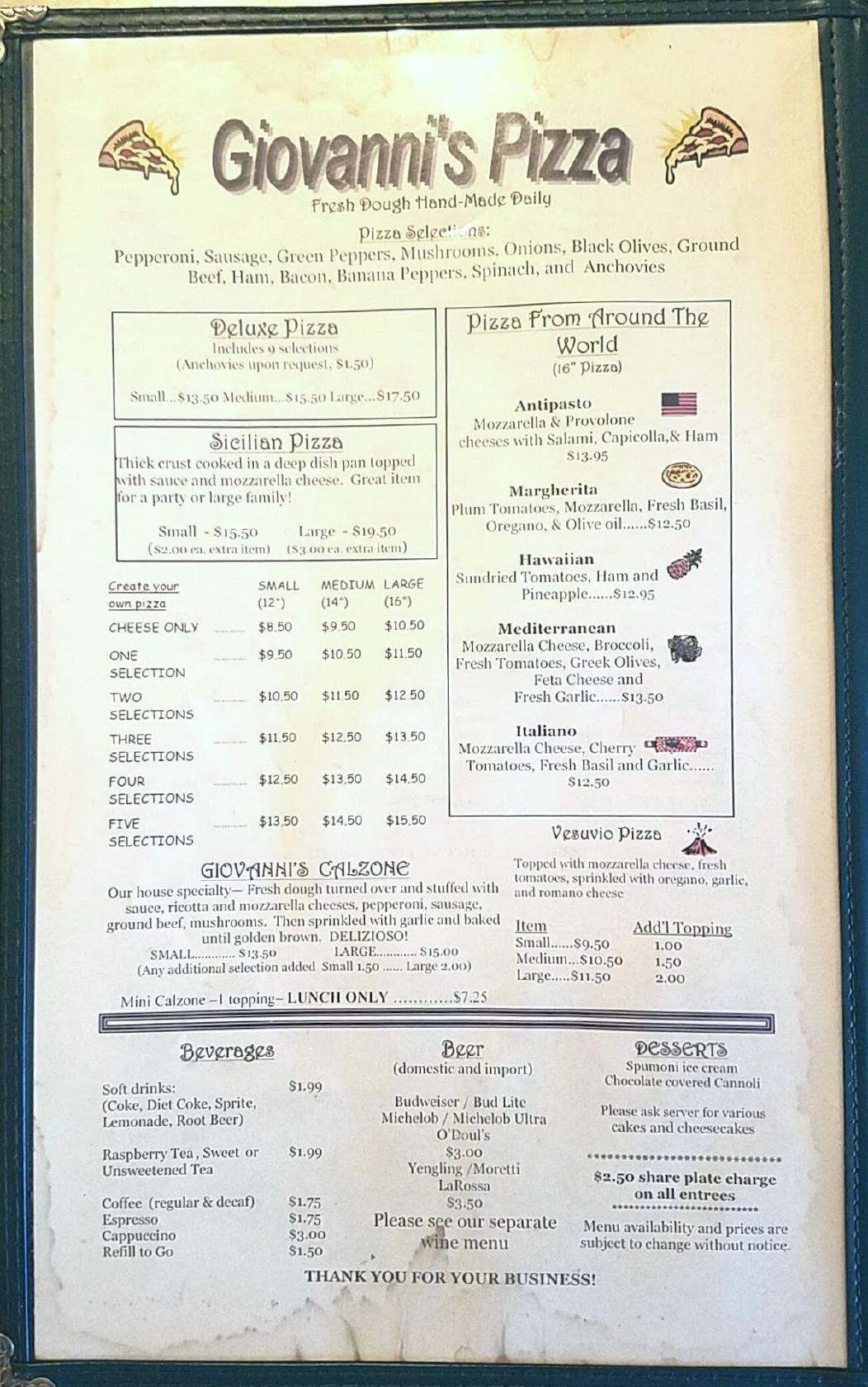 Menu at Giovanni's pizzeria, The Villages