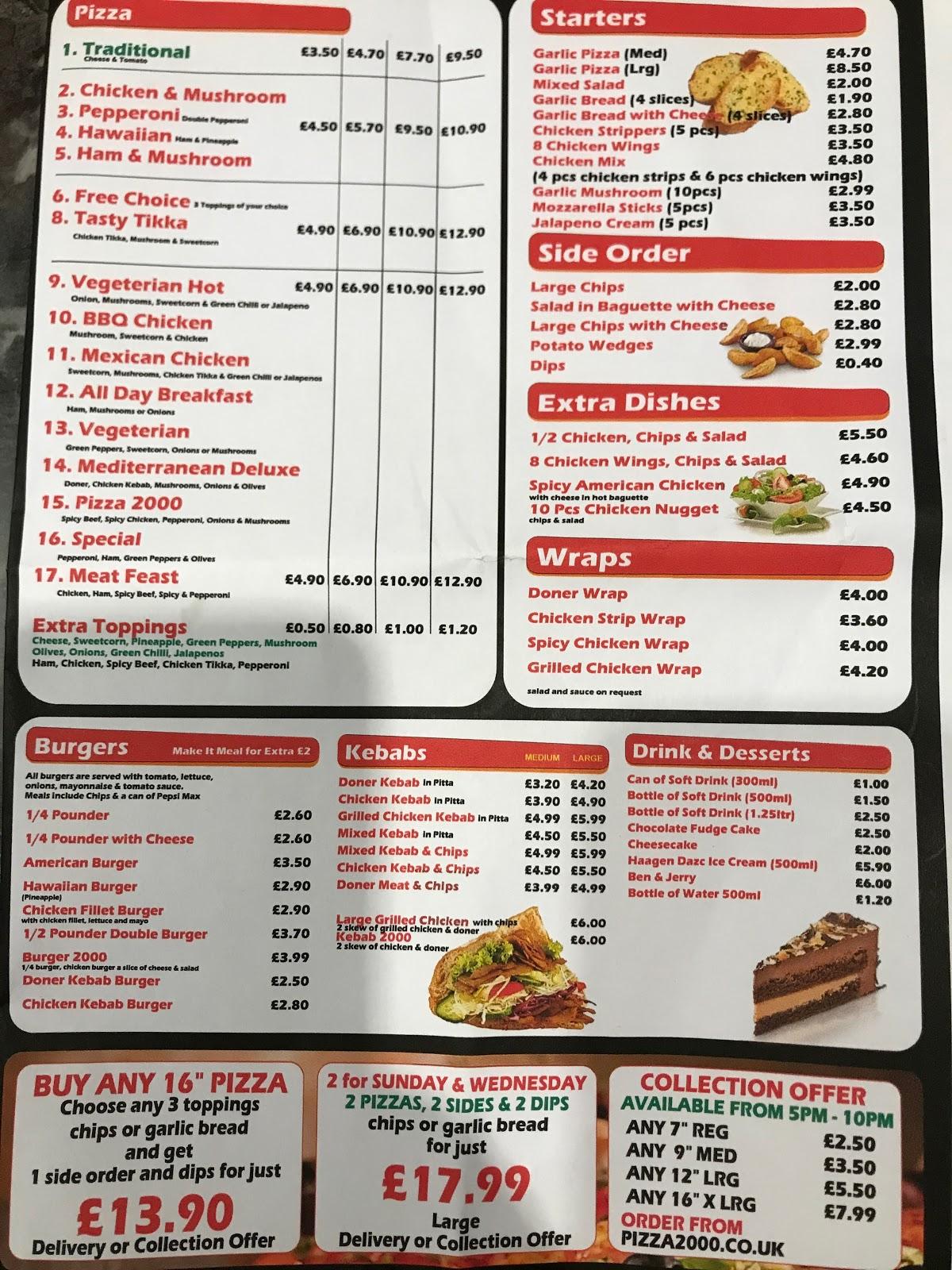 Menu at Pizza 2000 pizzeria, Walsall, 96 Ablewell St