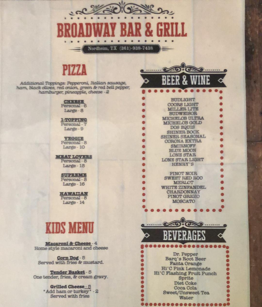 Menu at Broadway Bar, Nordheim