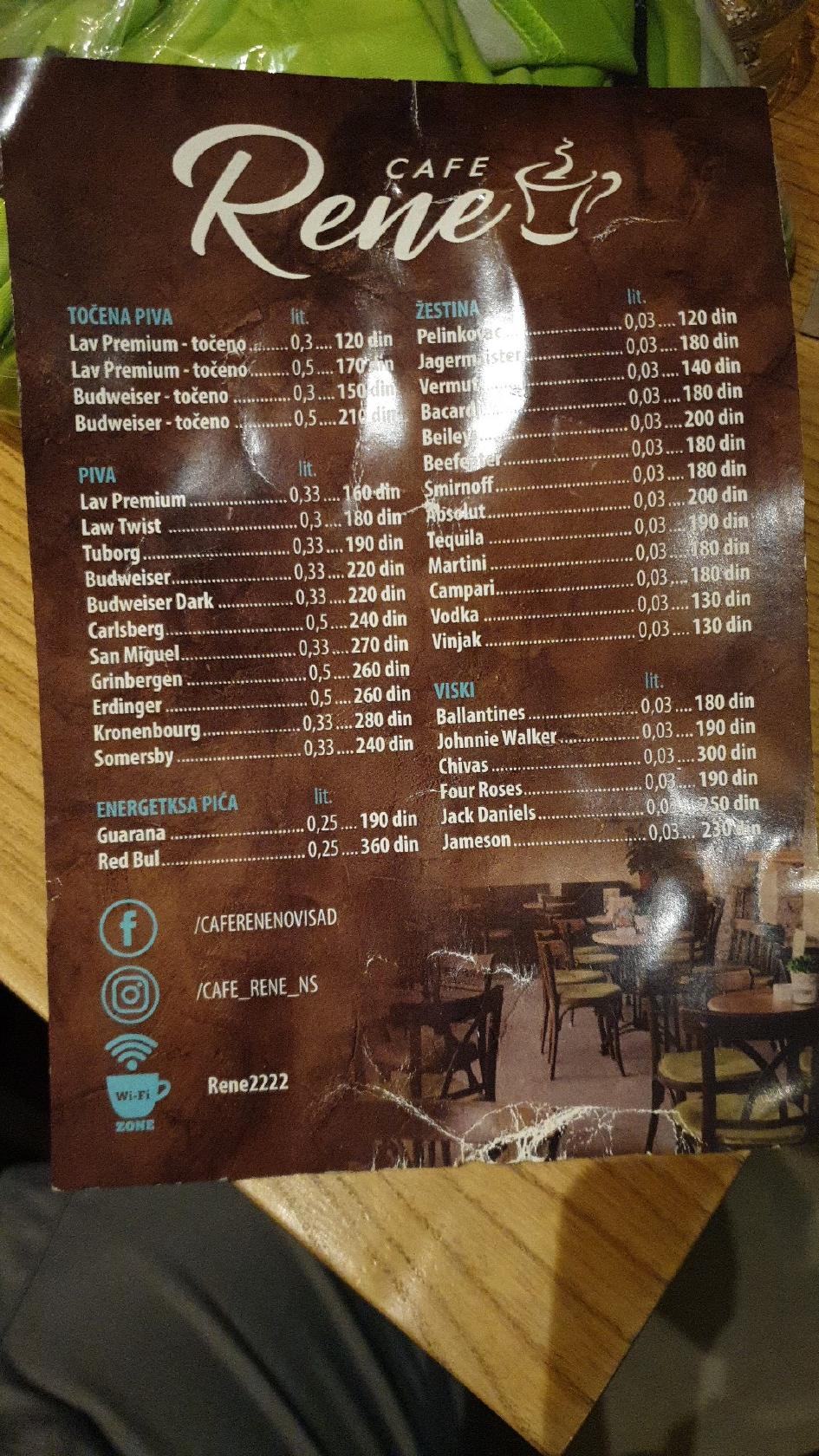Menu at Caffe Rene cafe, Novi Sad, Ulica Dimitrija Tucovića