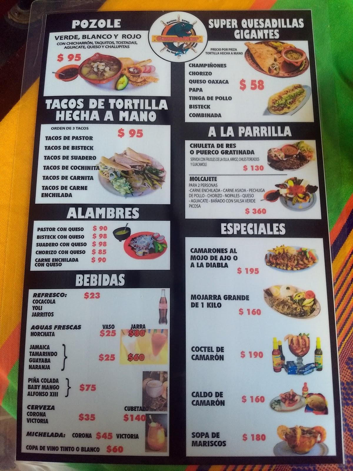 Menu at Campomar restaurant, Acapulco