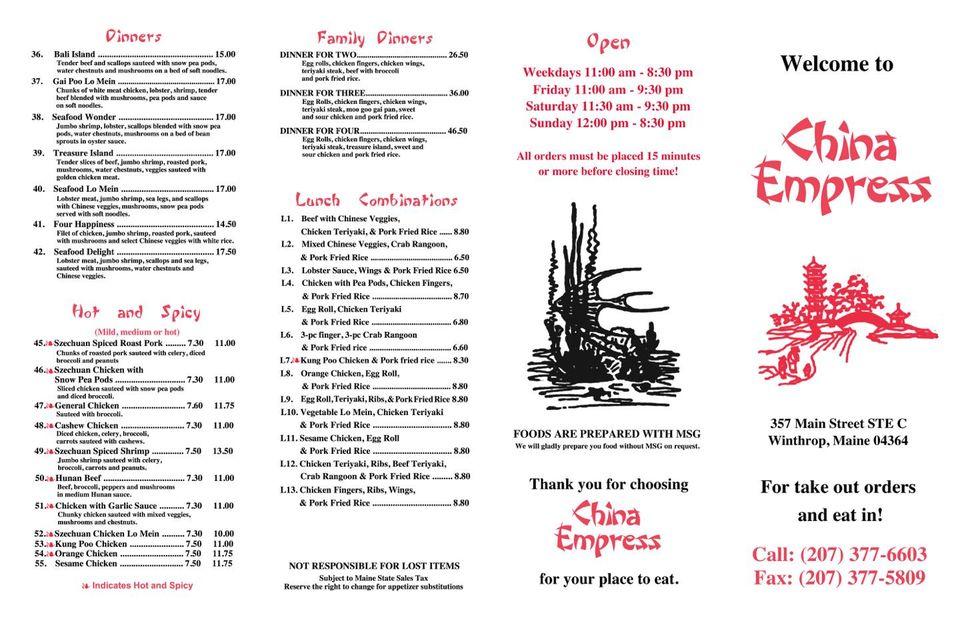 Menu at China Empress restaurant, Winthrop