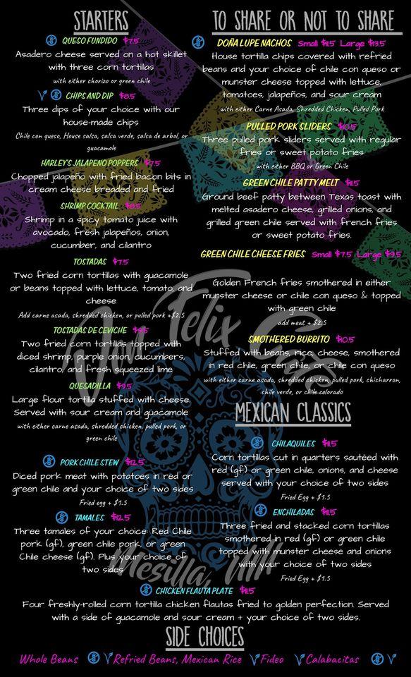 Menu at Don Félix Café restaurant, Mesilla