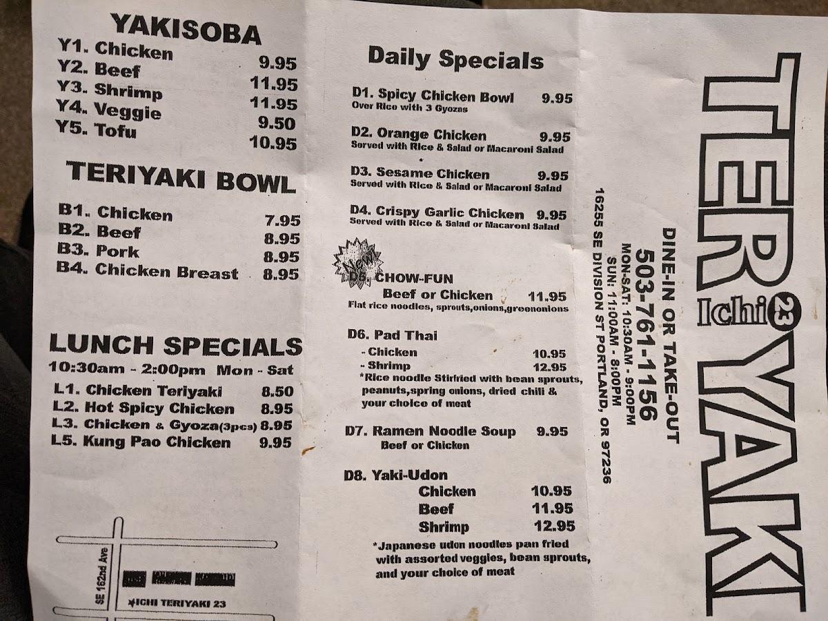 Menu at Ichi Teriyaki 23 restaurant, Portland