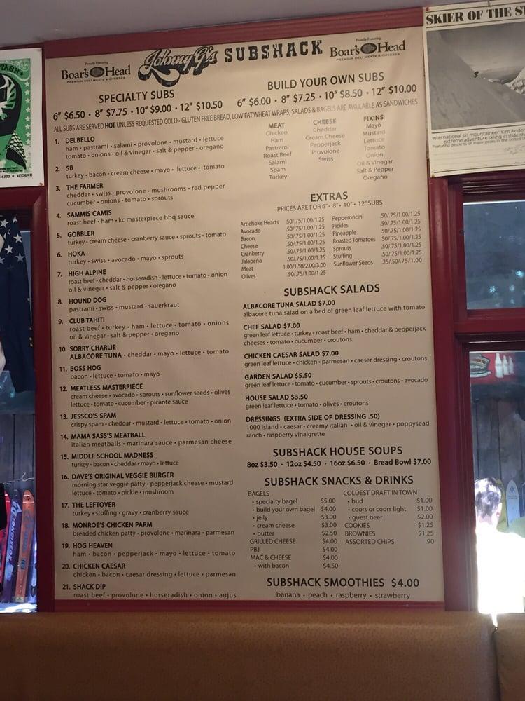 Menu at Johnny G's Sub Shack fast food, Ketchum