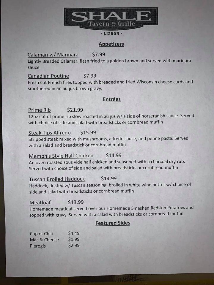 Menu at Shale Tavern & Grille restaurant, Lisbon