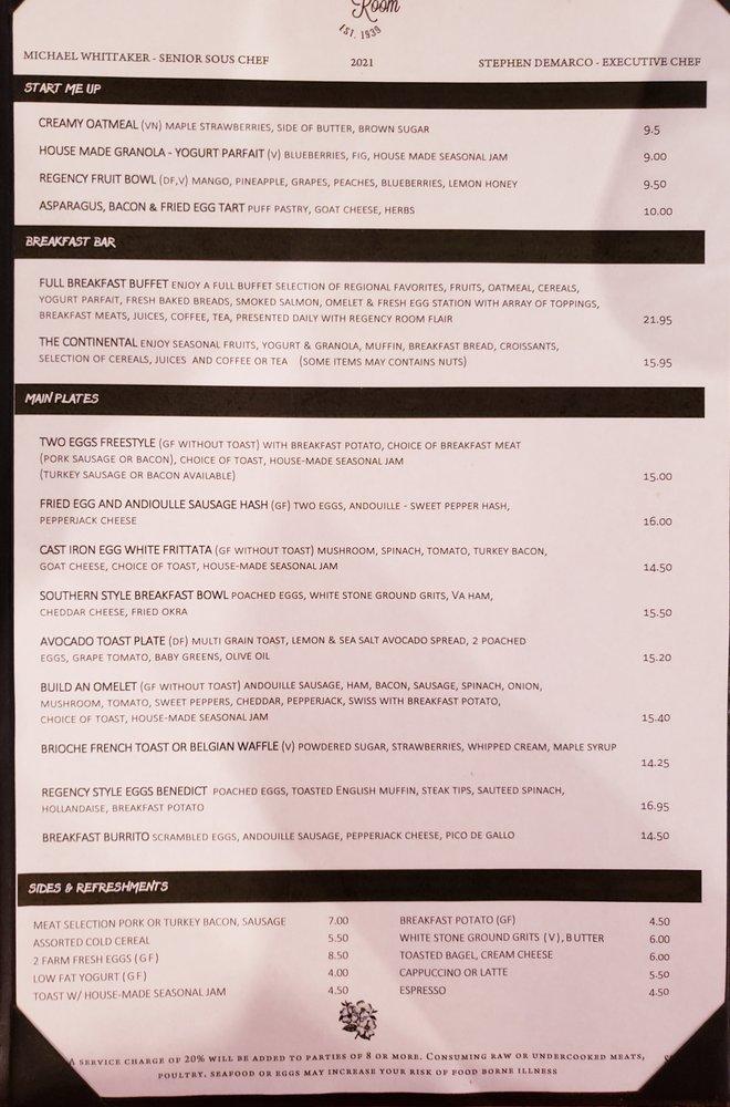Menu at The Regency Room steakhouse, Roanoke