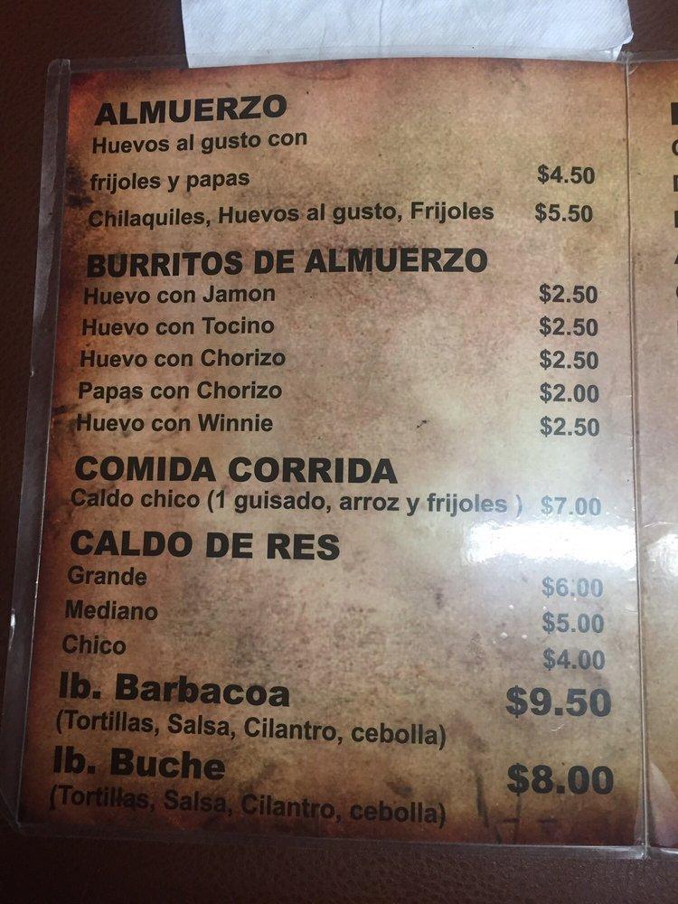 Menu at Tortilleria Crystal restaurant, El Paso