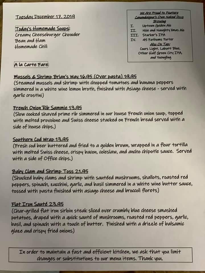 Menu at Eric's Office Restaurant, Canandaigua