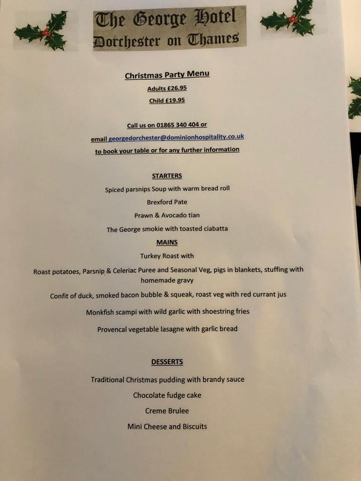 Menu at The George Hotel restaurant, Dorchester