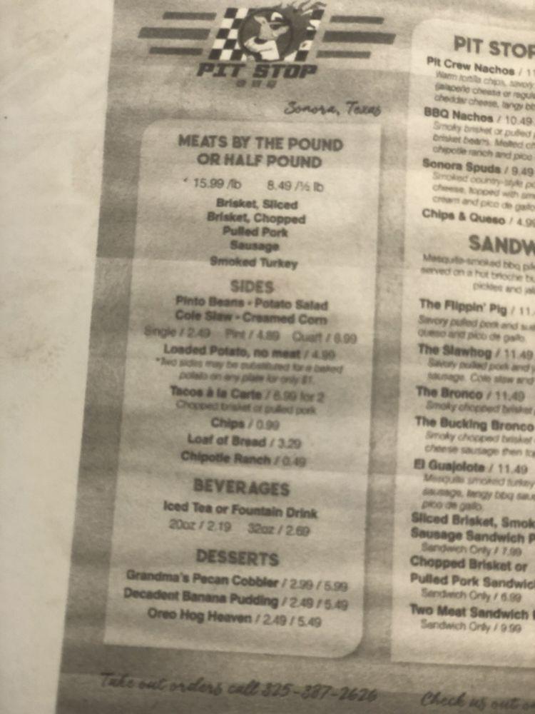 Menu at Pit Stop BBQ, Sonora