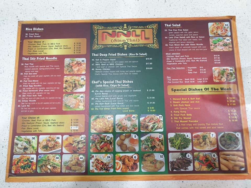 Menu at Siam Thai restaurant, Darwin City
