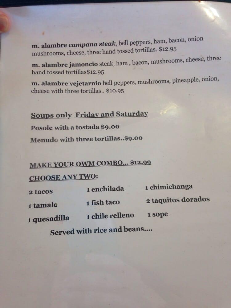 Menu at Tacos Del Rio restaurant, The Dalles