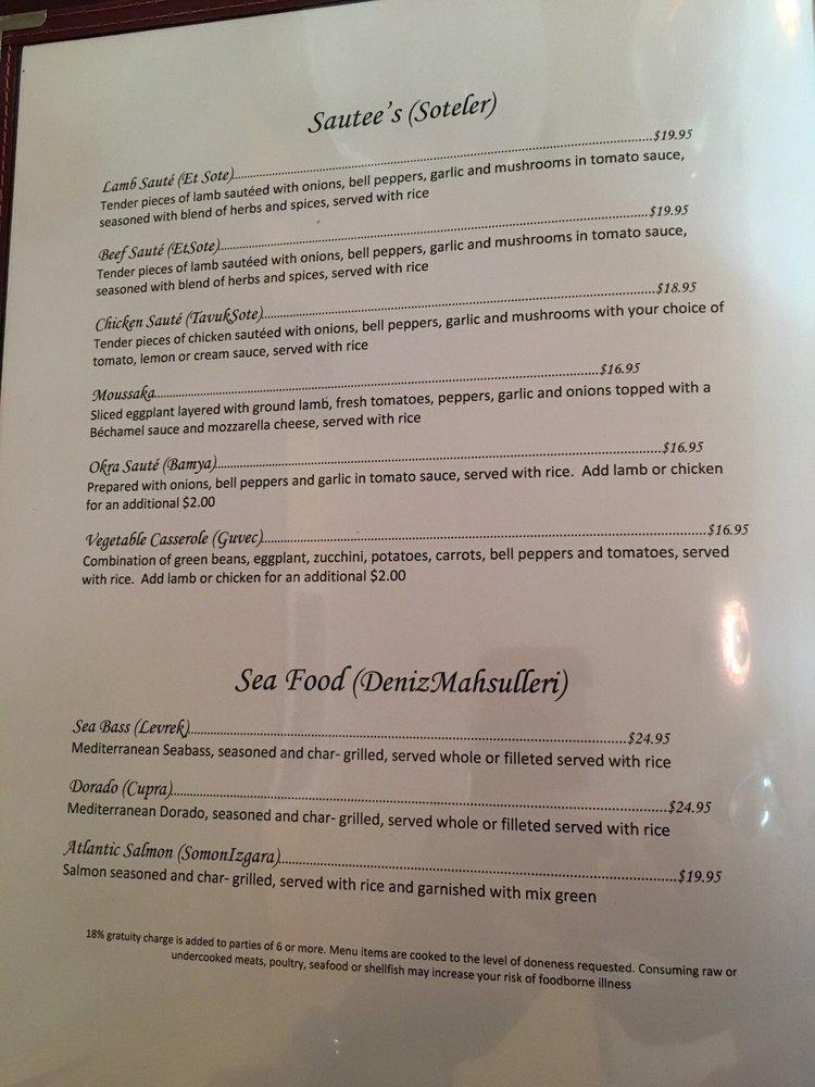 Menu at Zeytin Turkish Cuisine restaurant, Orlando