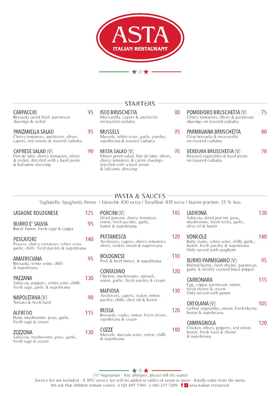 Speisekarte von Asta Italian Restaurant, Stellenbosch