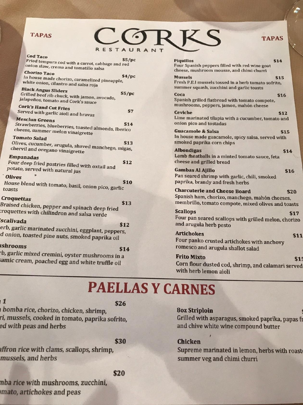 Menu at Corks Restaurant, Oakville, 305 Lakeshore Rd E