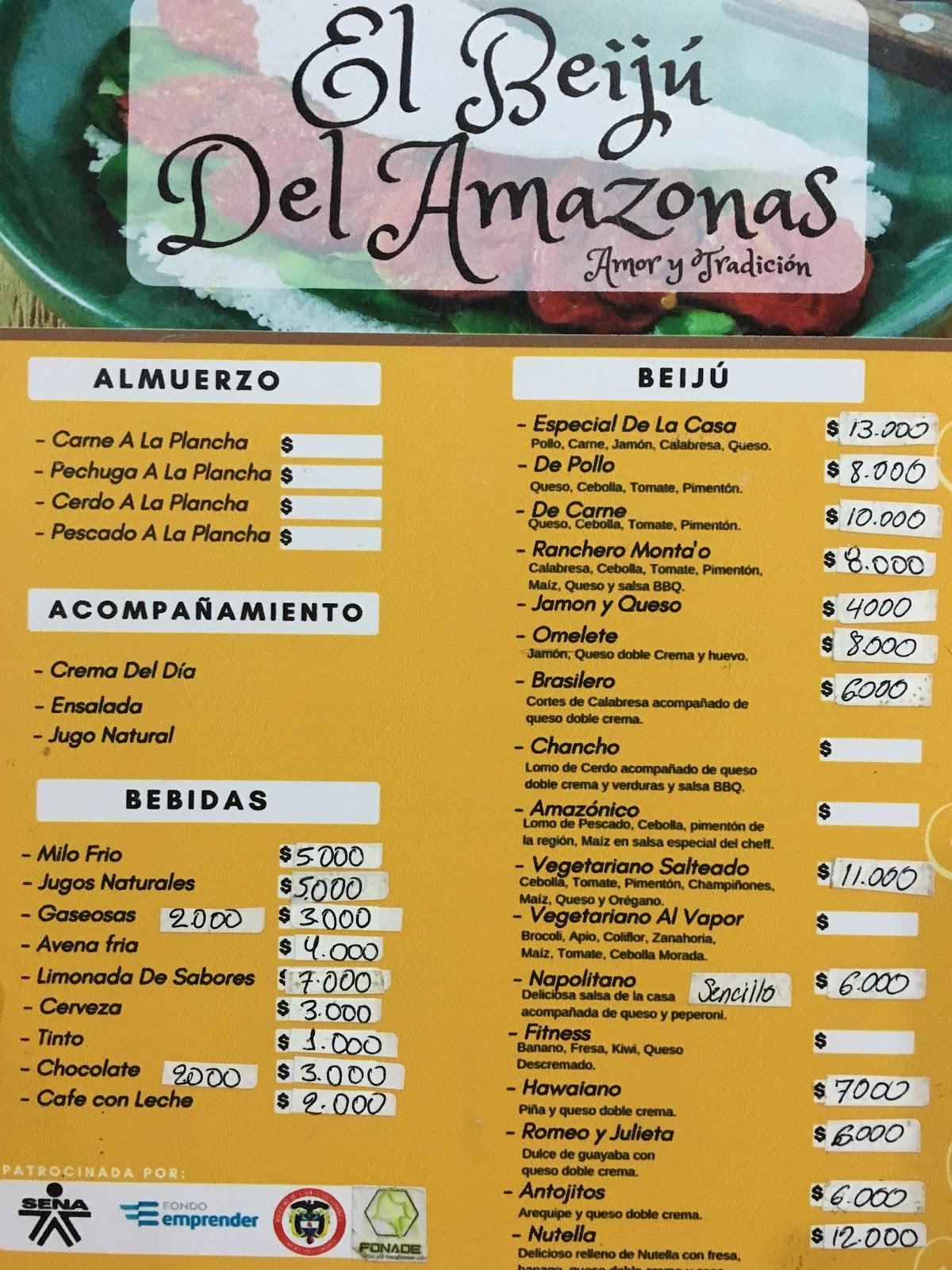 Menu at El Beiju del Amazonas restaurant, Leticia