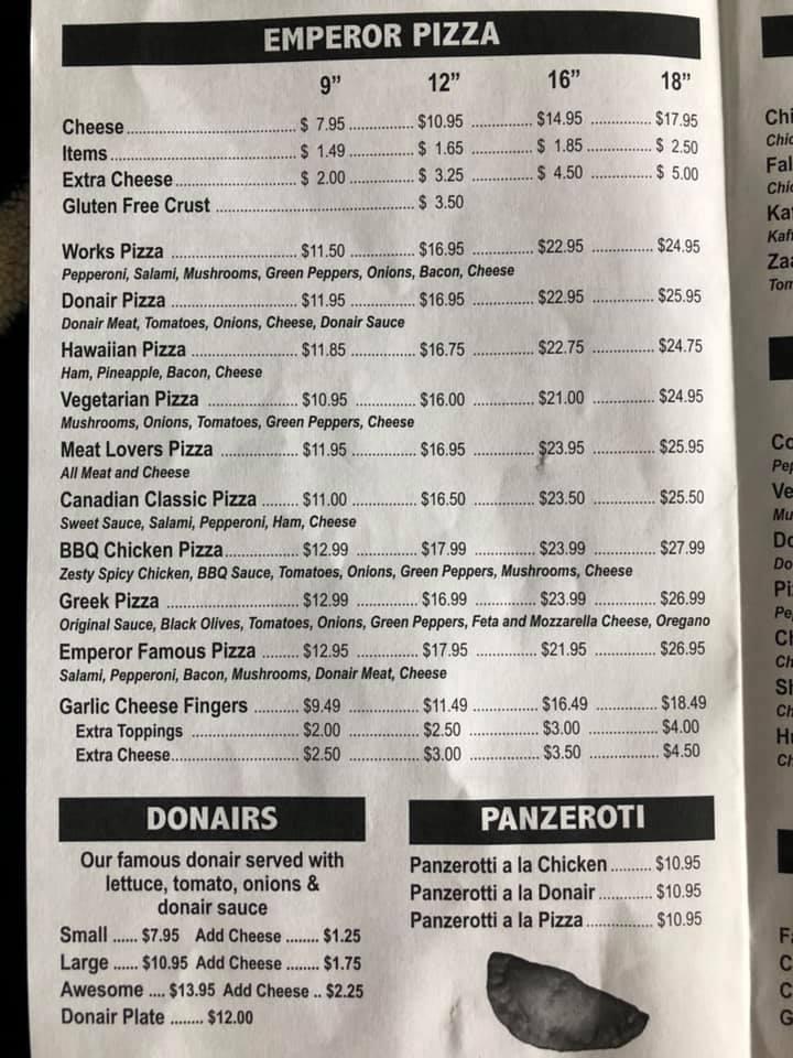 Menu at Emperor Pizza pizzeria, Cap-Pele