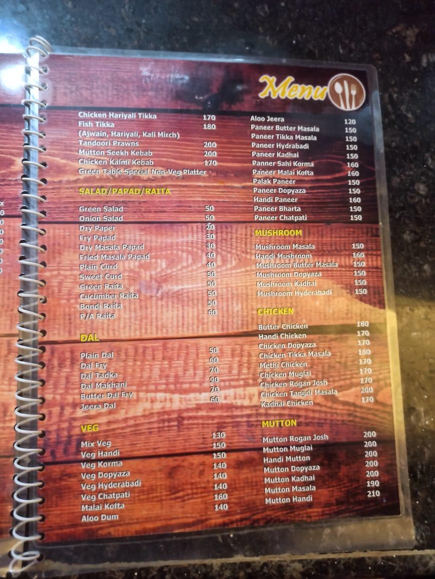 Menu at Green table Restaurant, Burla